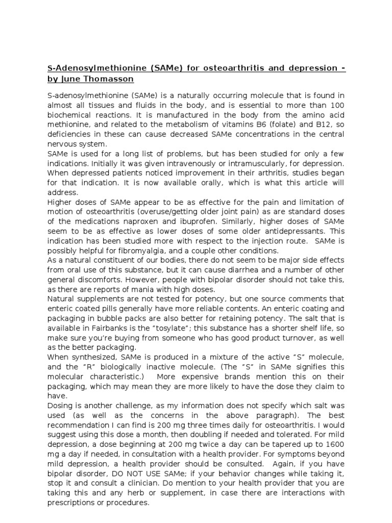 Adenosylmethionine (Same) For Osteoarthritis and Depression - by June ...