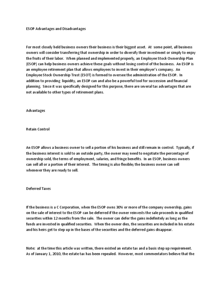 ESOP Advantages and Disadvantages | PDF | Employee Stock Ownership Plan ...