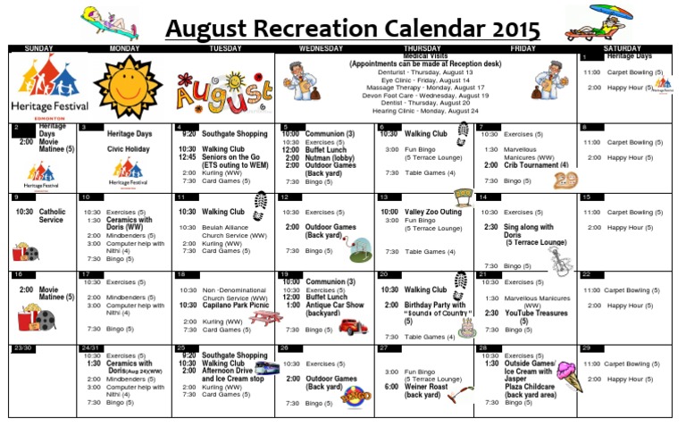 August 2015 Recreation Activities Calendar | PDF | Leisure