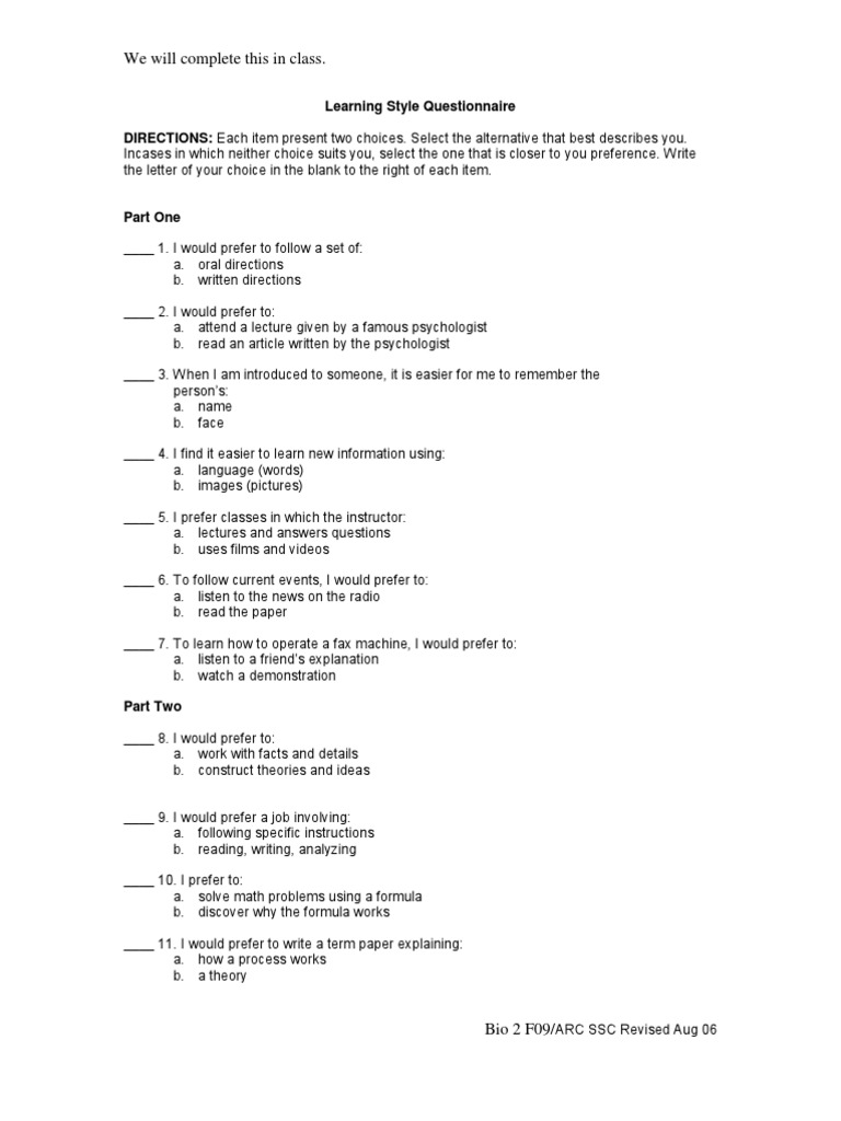 Ssc-Learning Style Questionnaire | PDF | Learning Styles | Educational ...