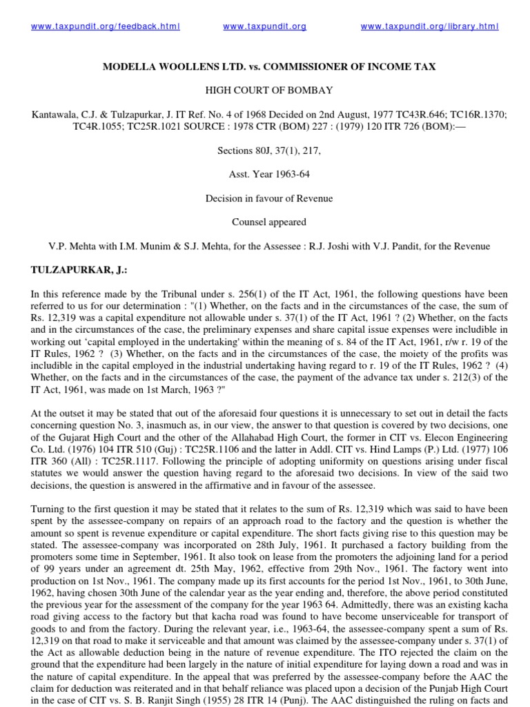 Modella Woollens Ltd. vs. Commissioner of Income Tax | PDF | Expense ...
