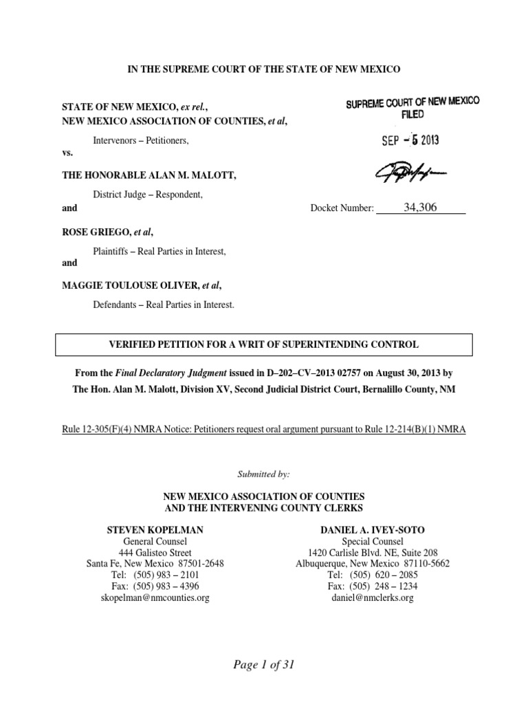 NMSC #34306 - Petition For Superintending Control | PDF | Equal ...