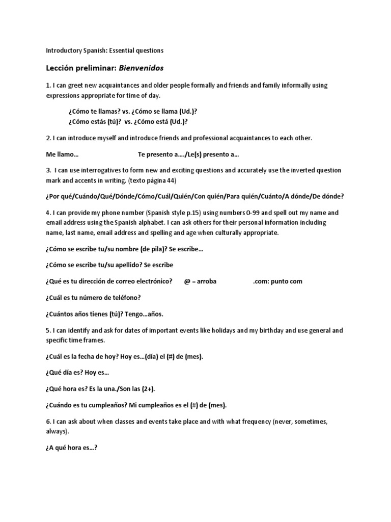 Essential Learnings by Chapter Introductory Spanish Fall 2013 | PDF ...
