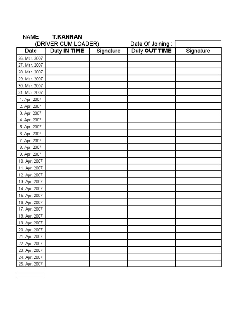 Driver Attendance Record March-April 2007 | PDF