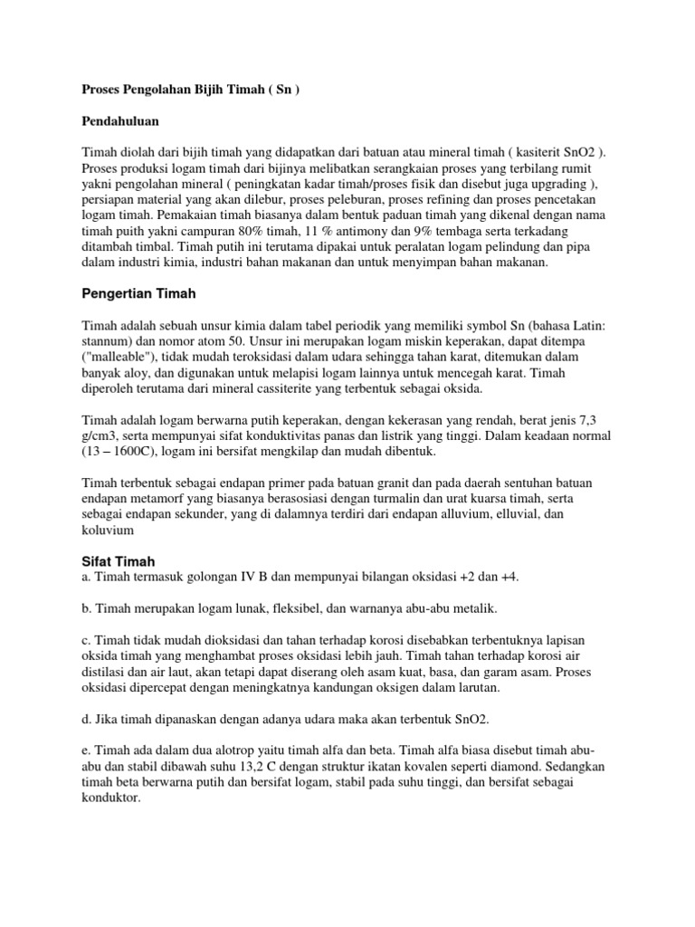 Proses Pengolahan Bijih Timah | PDF