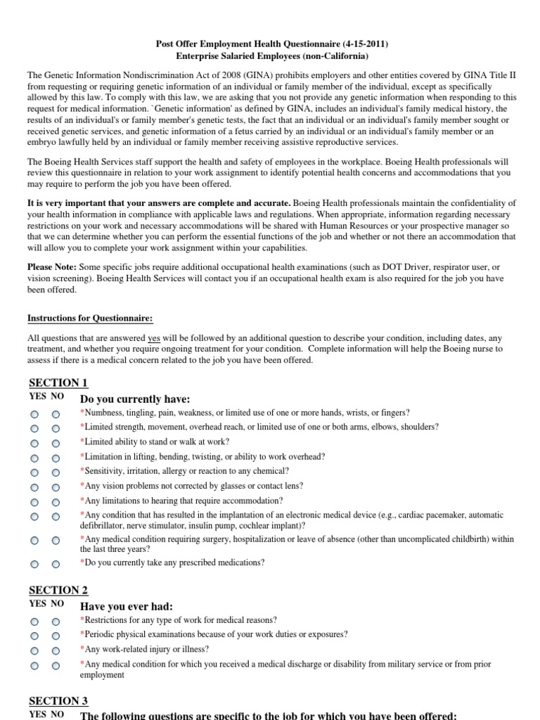 Post Offer Employment Health Questionnaire Salaried | PDF ...