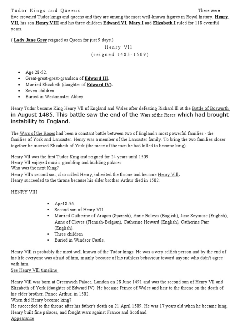 Tudor Kings and Queens There Were Five Crowned Tudor Kings and Queens ...