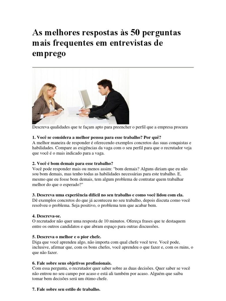 As Melhores Respostas Às 50 Perguntas Mais Frequentes em Entrevistas de ...