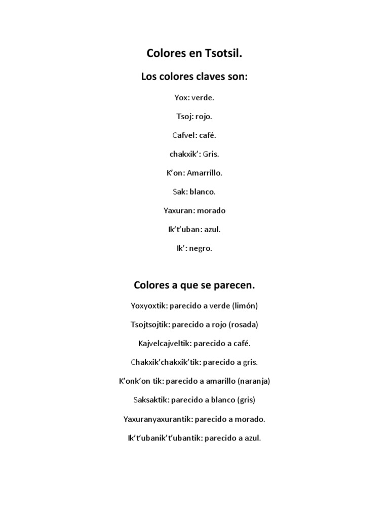 Colores en Tsotsil: Significados y Usos | PDF | Cocina, comidas y vino