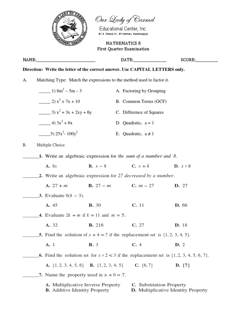 1ST Quarter Exam Math 8 | PDF | Algebra | Teaching Mathematics