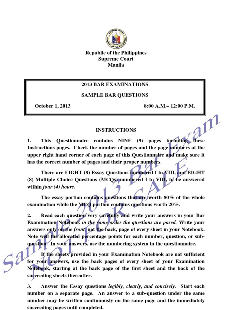 2013 Sample Bar Exam | Life Insurance | Test (Assessment)