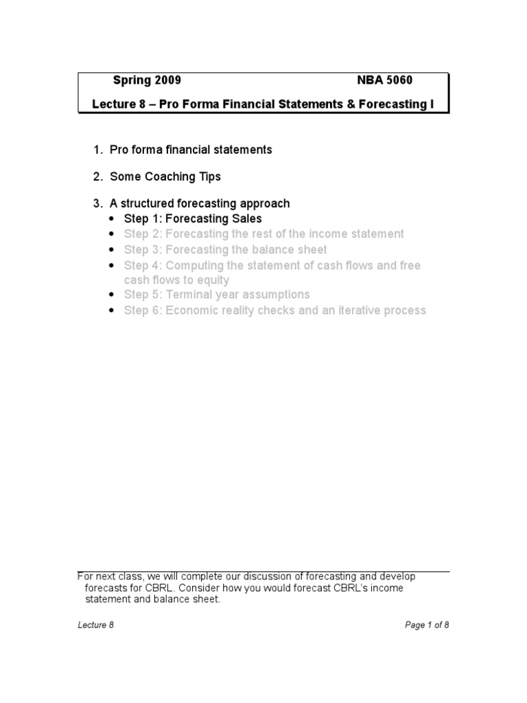 Spring 2009 NBA 5060 Lecture 8 - Pro Forma Financial Statements ...