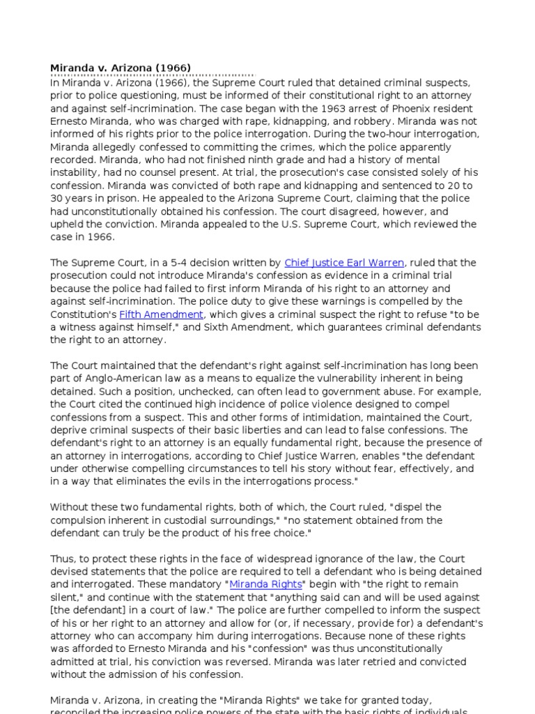 Miranda Vs Arizona | PDF | Miranda V. Arizona | Miranda Warning