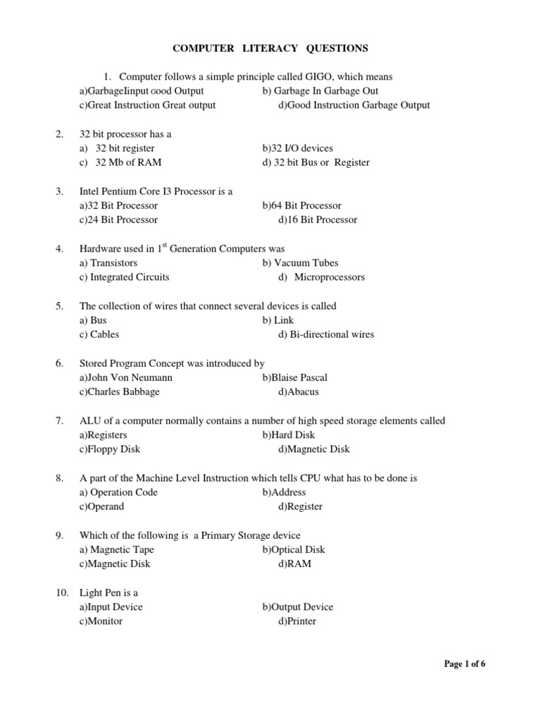 Computer Literacy Questions: Page 1 of 6 | PDF | Computer Data Storage ...