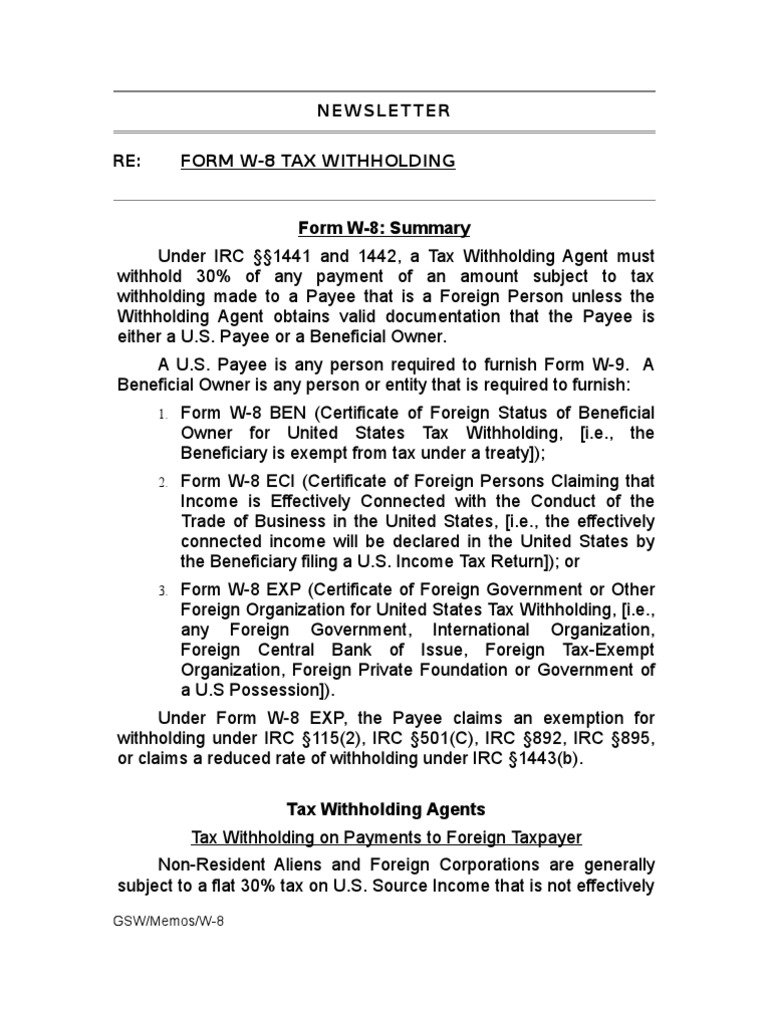 W-8 | Withholding Tax | Irs Tax Forms