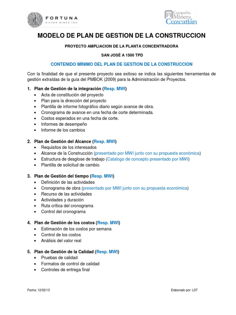 Modelo de Plan de Gestion de La Construccion | PDF | Calidad (comercial ...