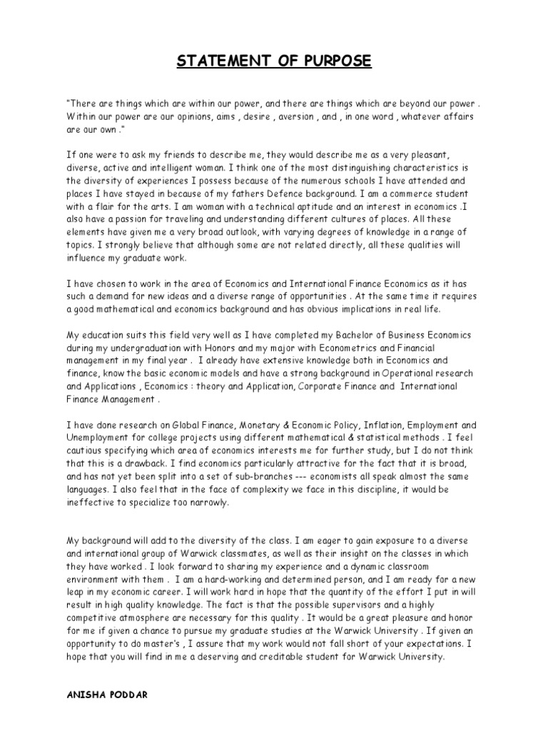 STATEMENT OF PURPOSE.doc | Economics | Economies
