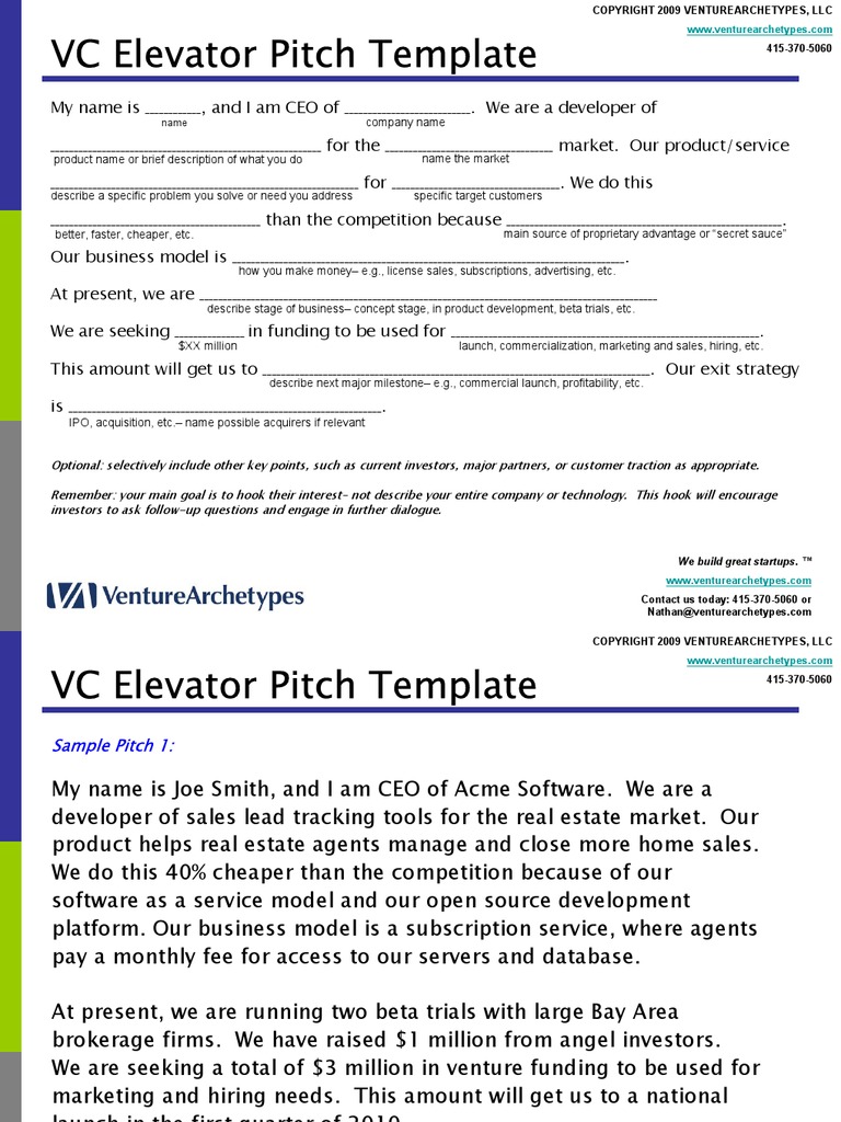 VC Elevator Pitch Template For Startups | PDF | Venture Capital ...