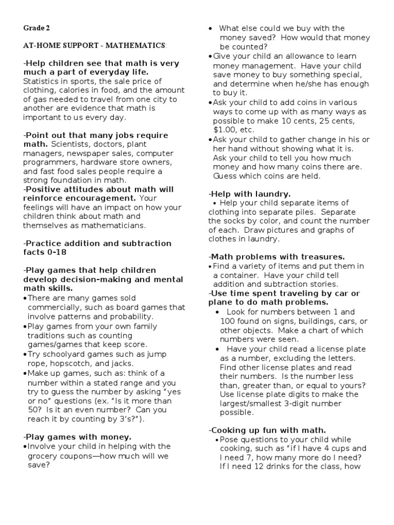 Grade 2 At-Home Support - Mathematics | PDF | Teaching Mathematics