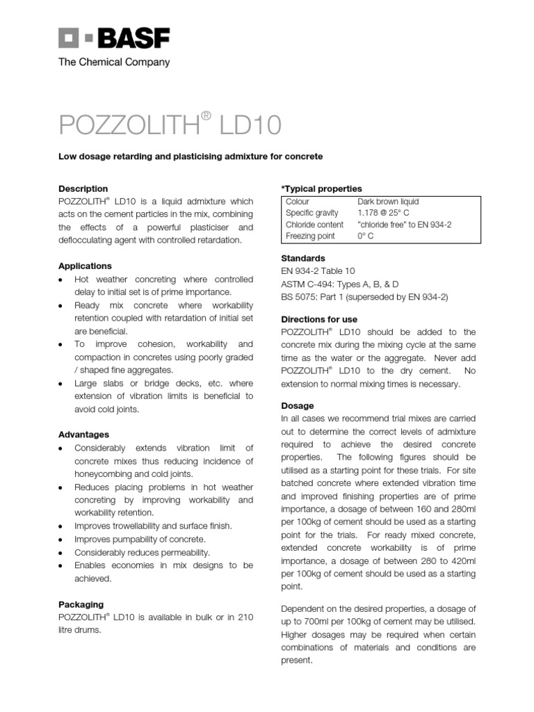 Tds - Pozzolith Ld10 | PDF | Concrete | Building Engineering