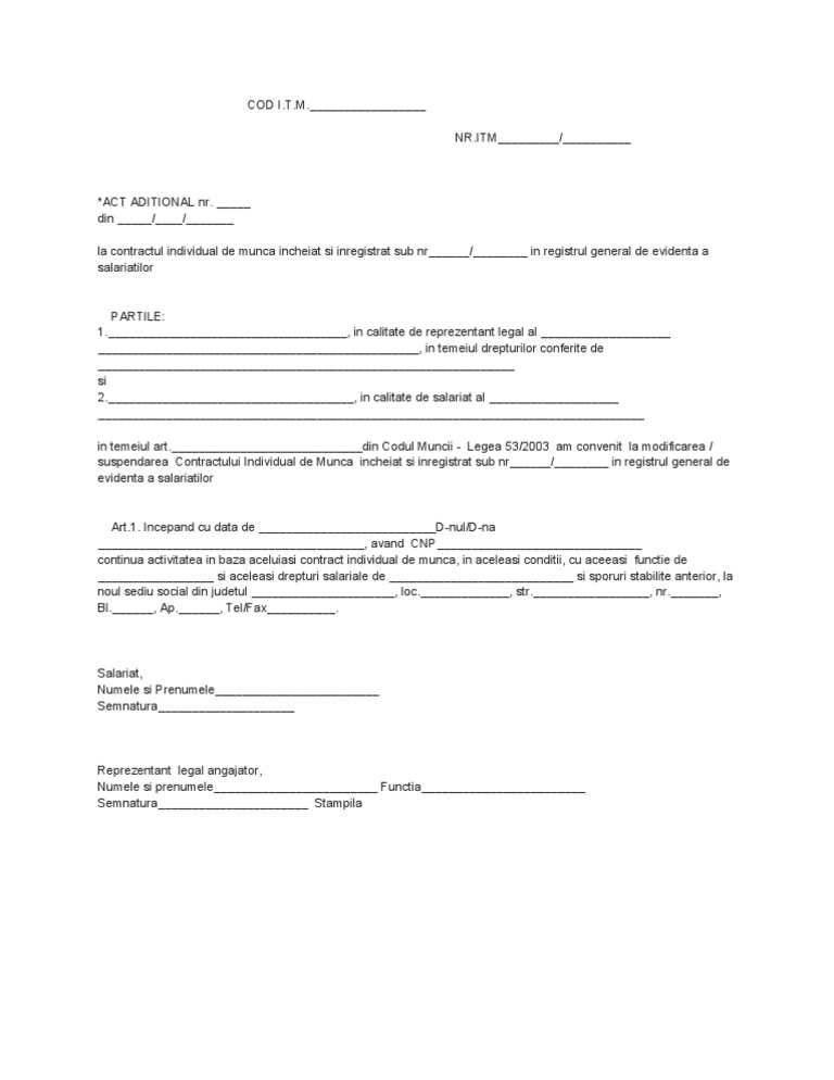 Model Act Aditional Prelungire Contract de Munca