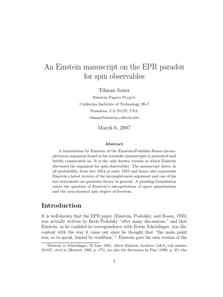 An Einstein Manuscript on the EPR Paradox | Spin (Physics) | Albert ...