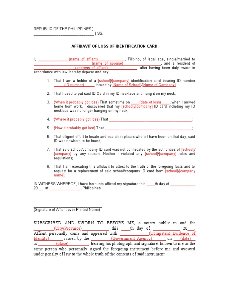 Affidavit of Loss of Identification Card | PDF | Affidavit | Identity Document