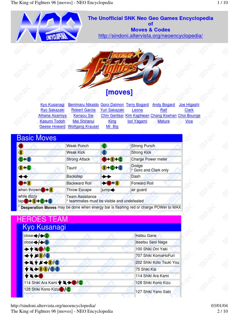 Kof 96 Move List | PDF | Online Games | Video Game Companies Of Japan