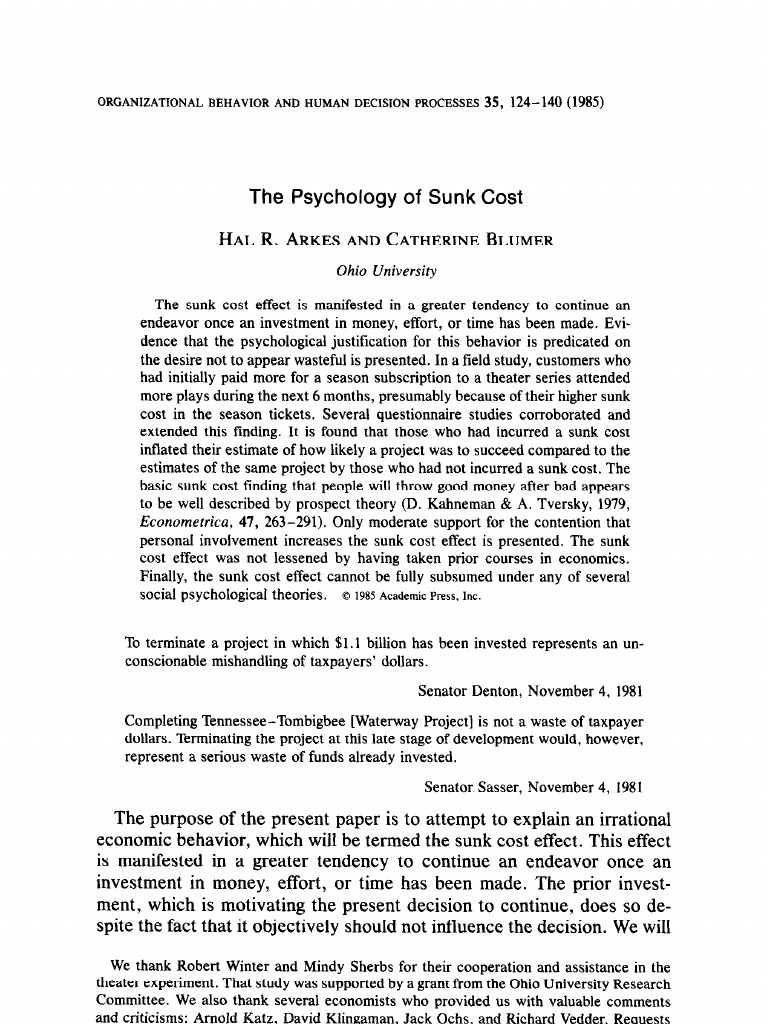 The Psychology of Sunk Cost | PDF | Experiment | Economics
