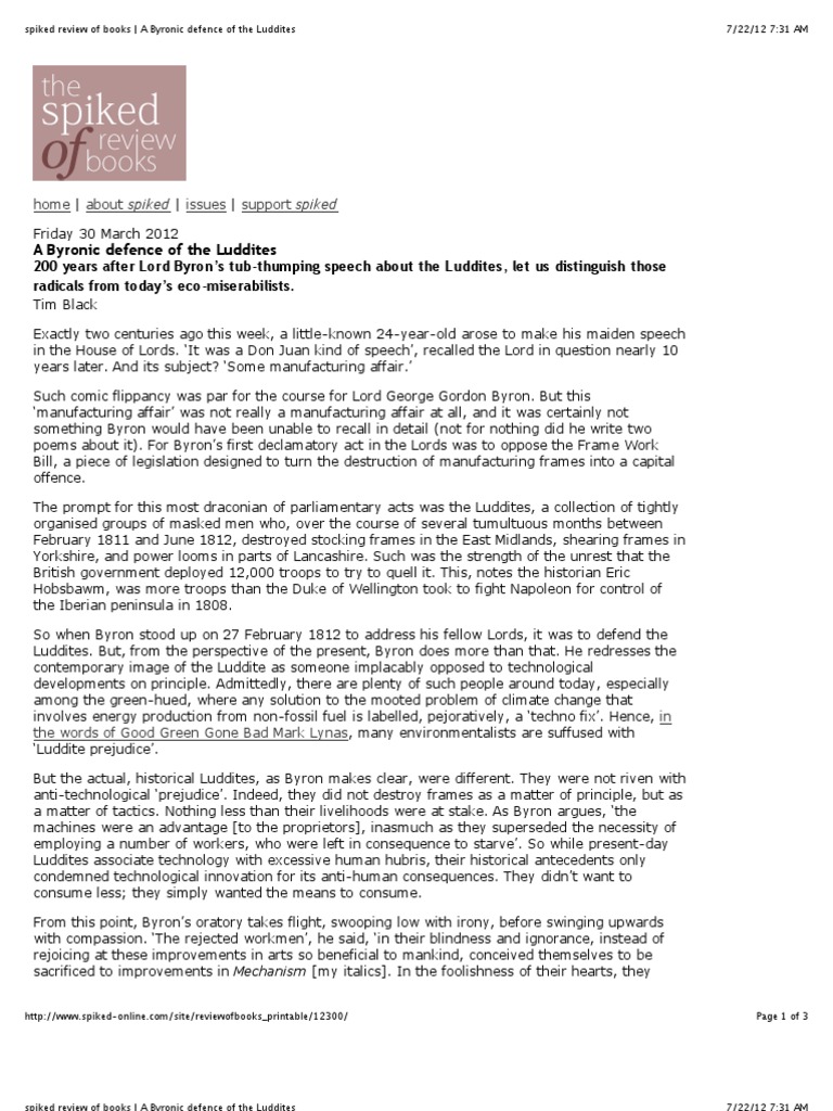 Lord Byron on the Luddites, In 1812 | Lord Byron | Romanticism