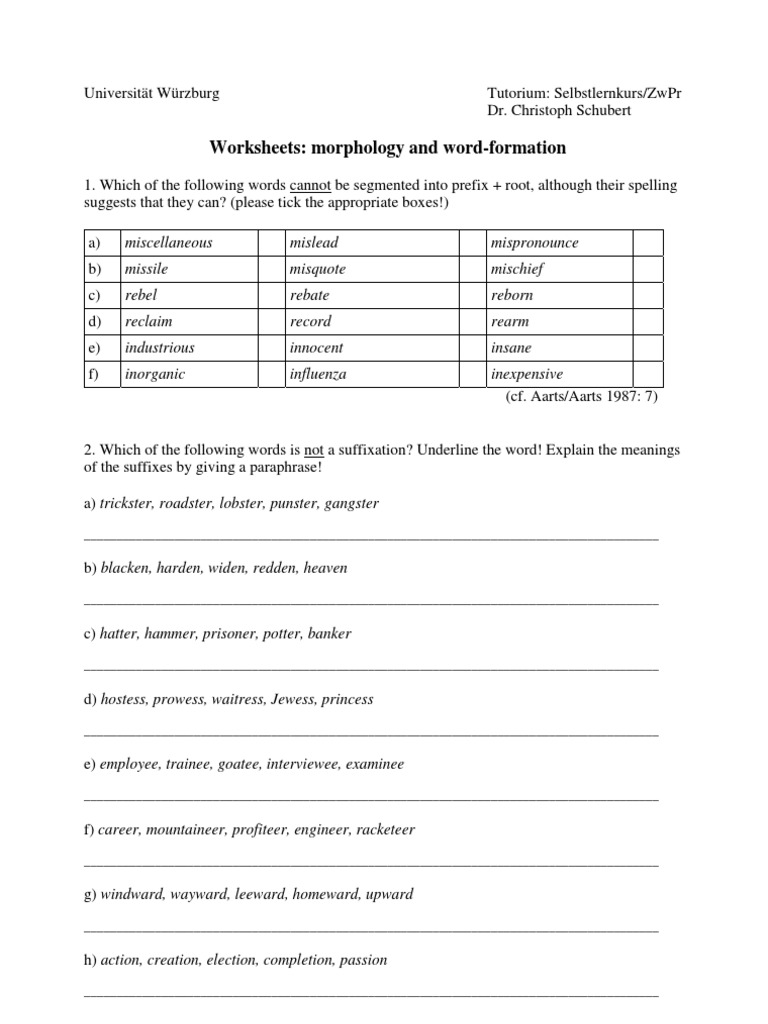 Worksheet in Morphology | Grammar | Linguistic Typology