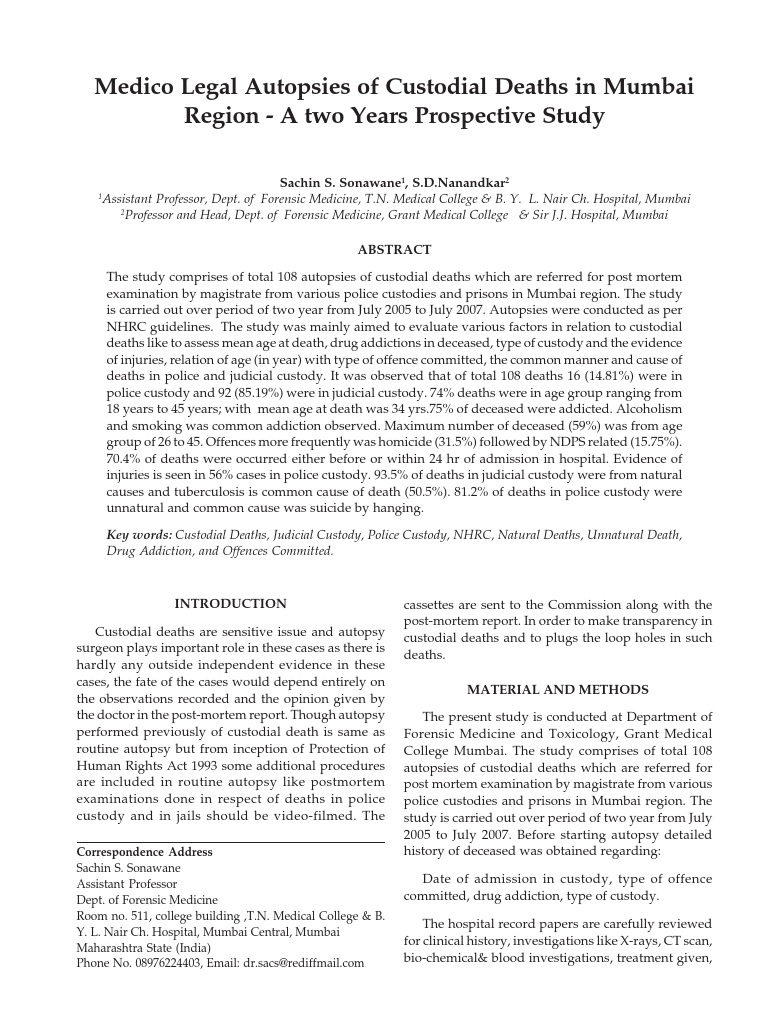 Medico-Legal Autopsies of Custodial Death | PDF | Autopsy | Forensic ...