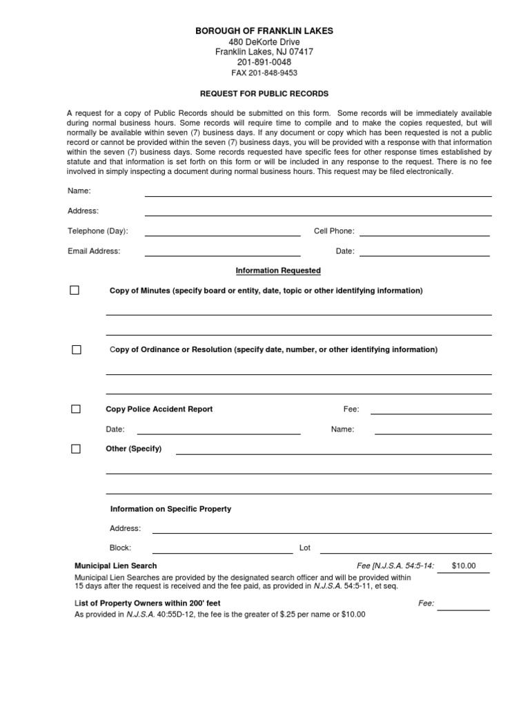 Franklin Lakes OPRA Request Form | Government | Politics
