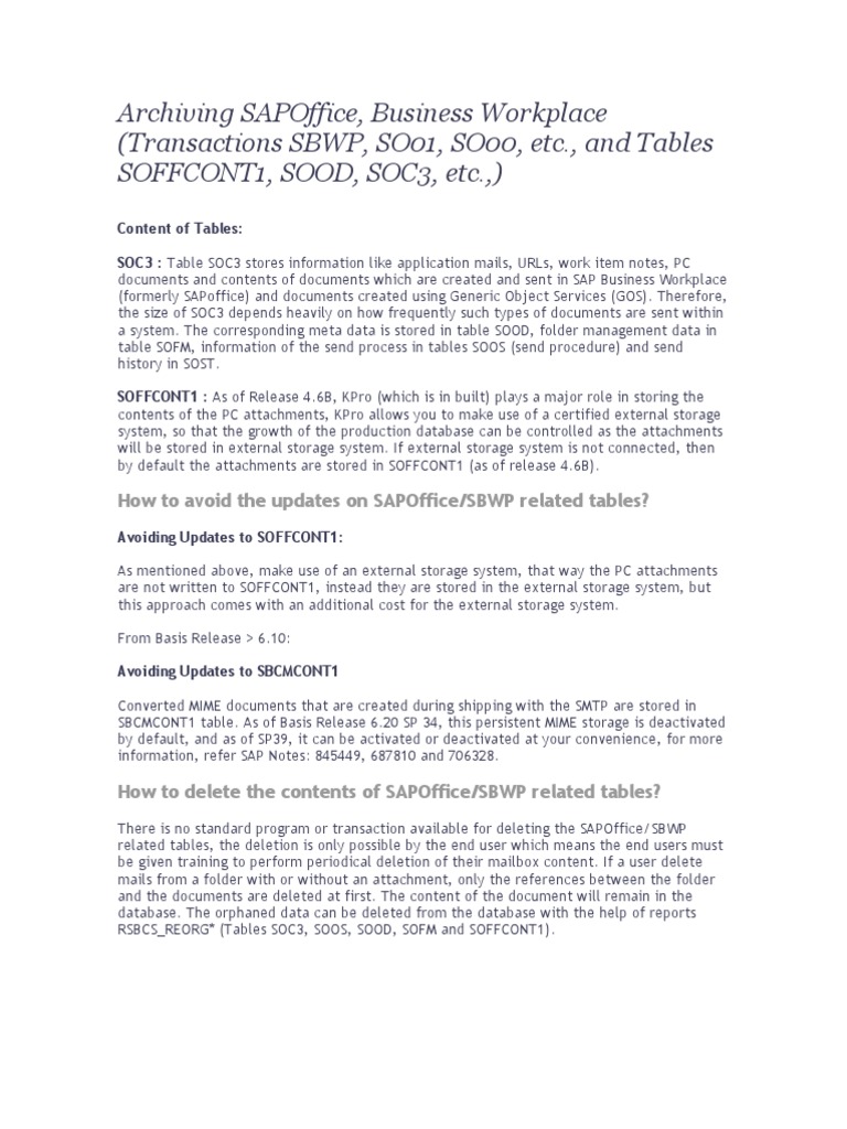 SAPOffice Archiving and Table Management | PDF | Computer Data Storage | Email