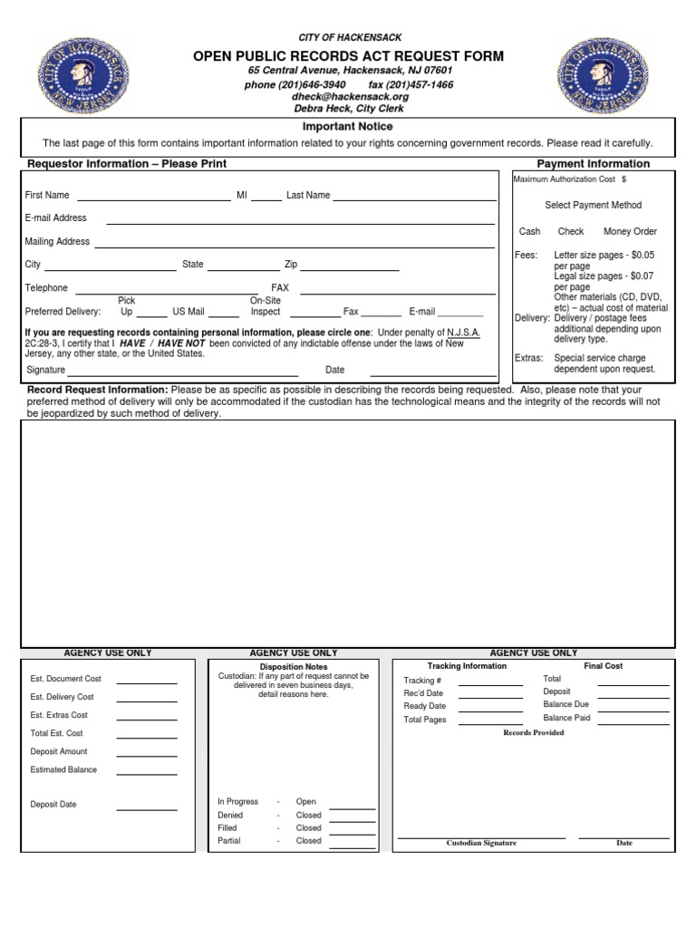 Hackensack OPRA Request Form | PDF | Discovery (Law) | Computer Security