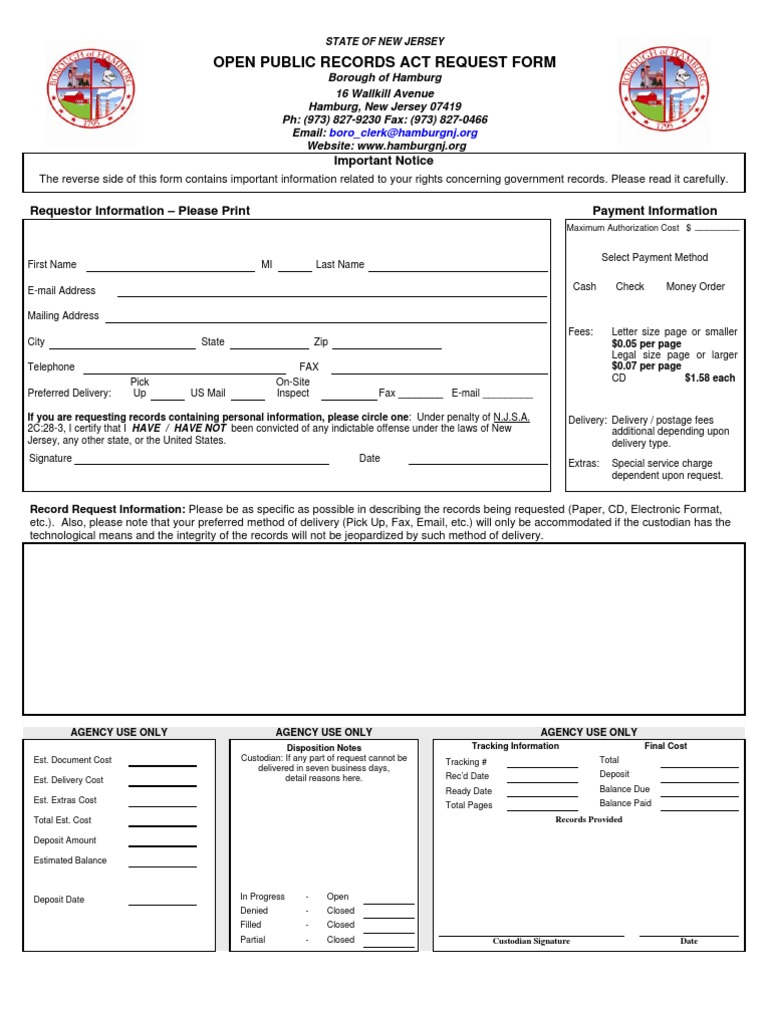 Hamburg OPRA Request Form | Download Free PDF | Email | Mail