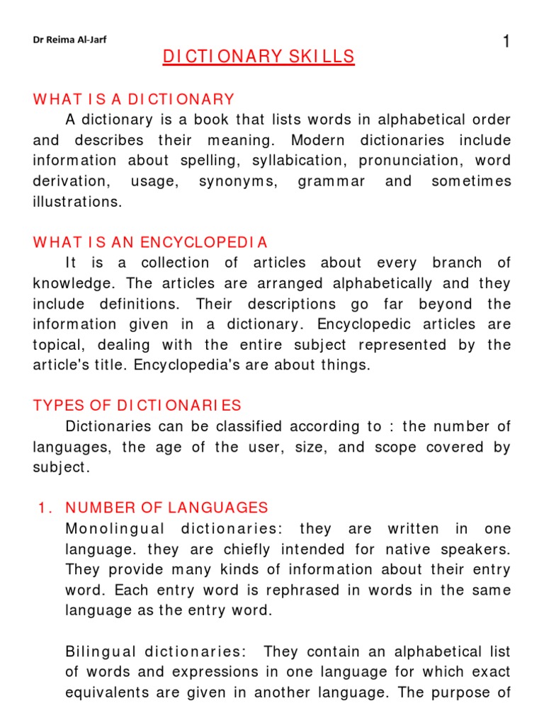An Overview of Dictionary Skills: Types of Dictionaries, Elements of ...