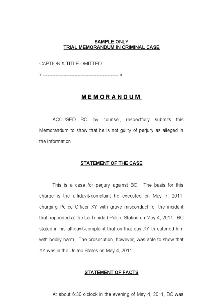 Sample Memorandum in Criminal Cases | PDF | Perjury | Burden Of Proof (Law)
