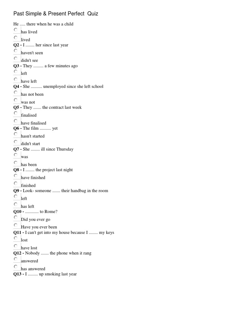 Past Simple-Present Perfect Quiz | PDF | Perfect (Grammar ...