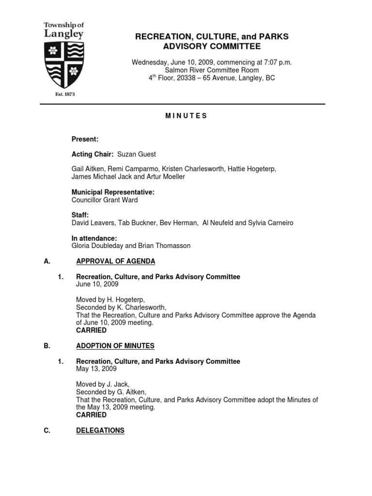 Langley Recreation Committee Meeting Minutes | PDF | Recreation | Leisure