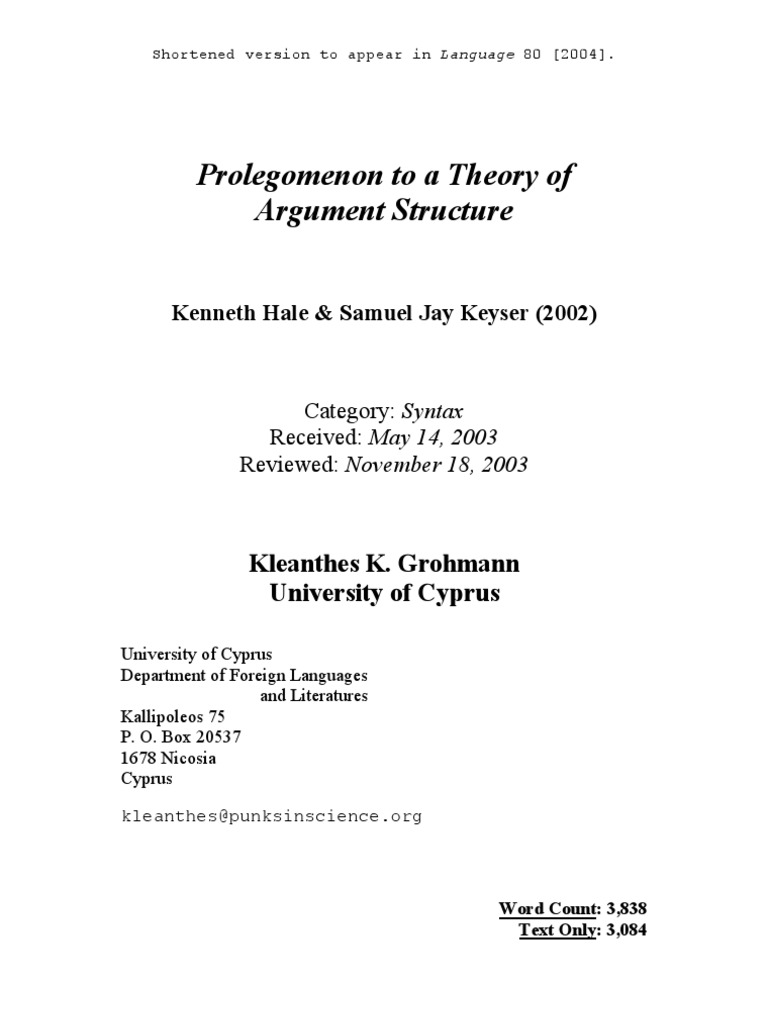 Prolegomenon To A Theory of Argument Structure: Kenneth Hale & Samuel Jay Keyser (2002) | PDF ...