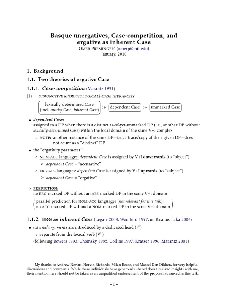 Preminger Ergativity and Basque Unergatives Handout | PDF | Semantics ...