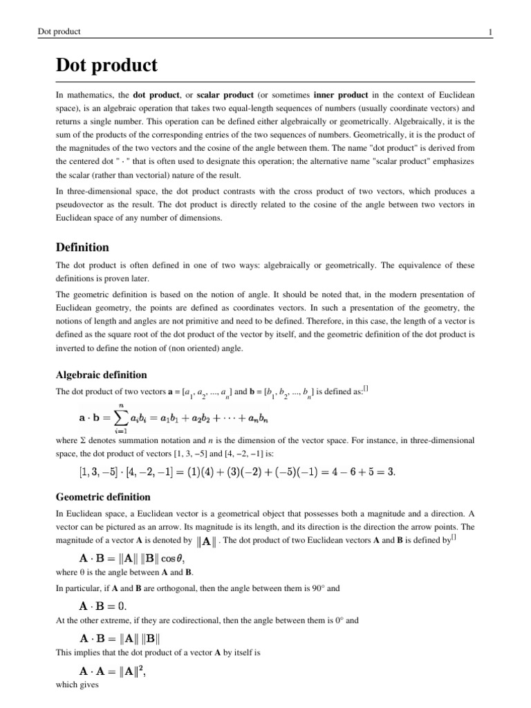 Dot Product: Algebraic Definition | PDF | Euclidean Vector | Space