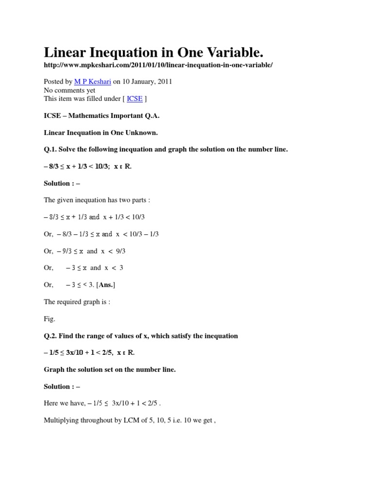 Linear Inequation in One Variable - 1 | PDF | Logical Truth | Analysis