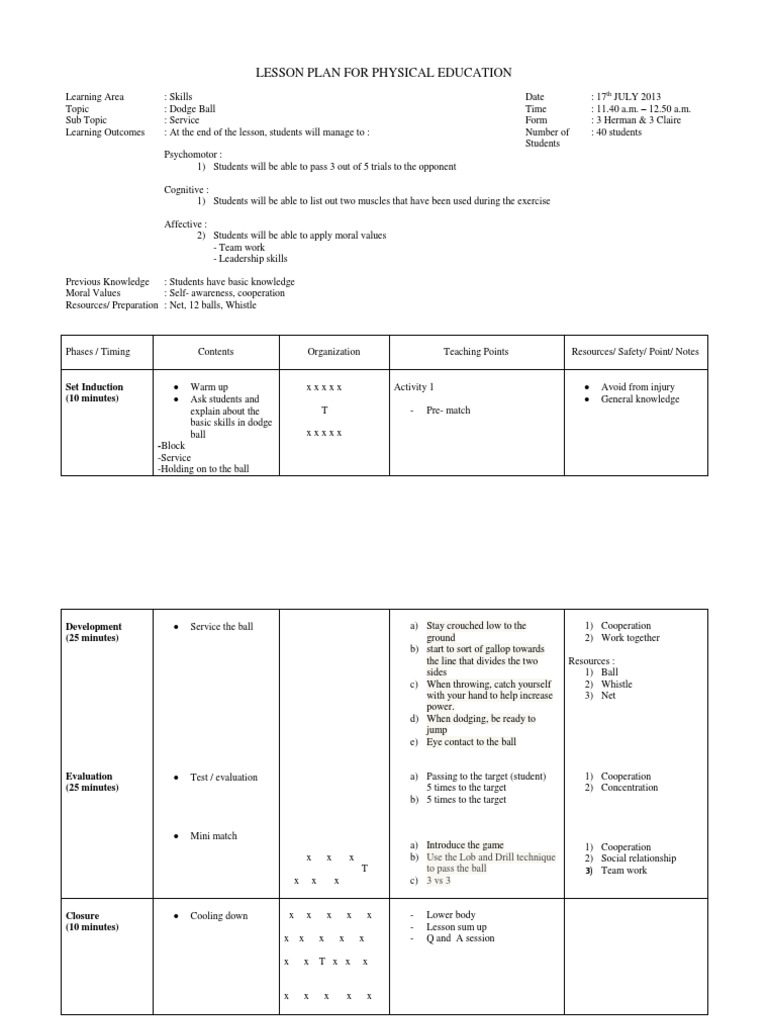 Lesson Plan For Physical Education: Set Induction (10 minutes)