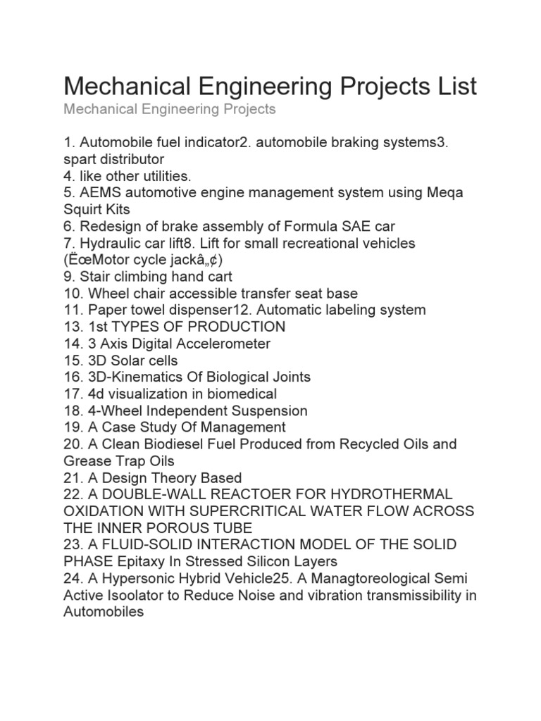 Mechanical Engineering Student Project Ideas: A Comprehensive List of ...