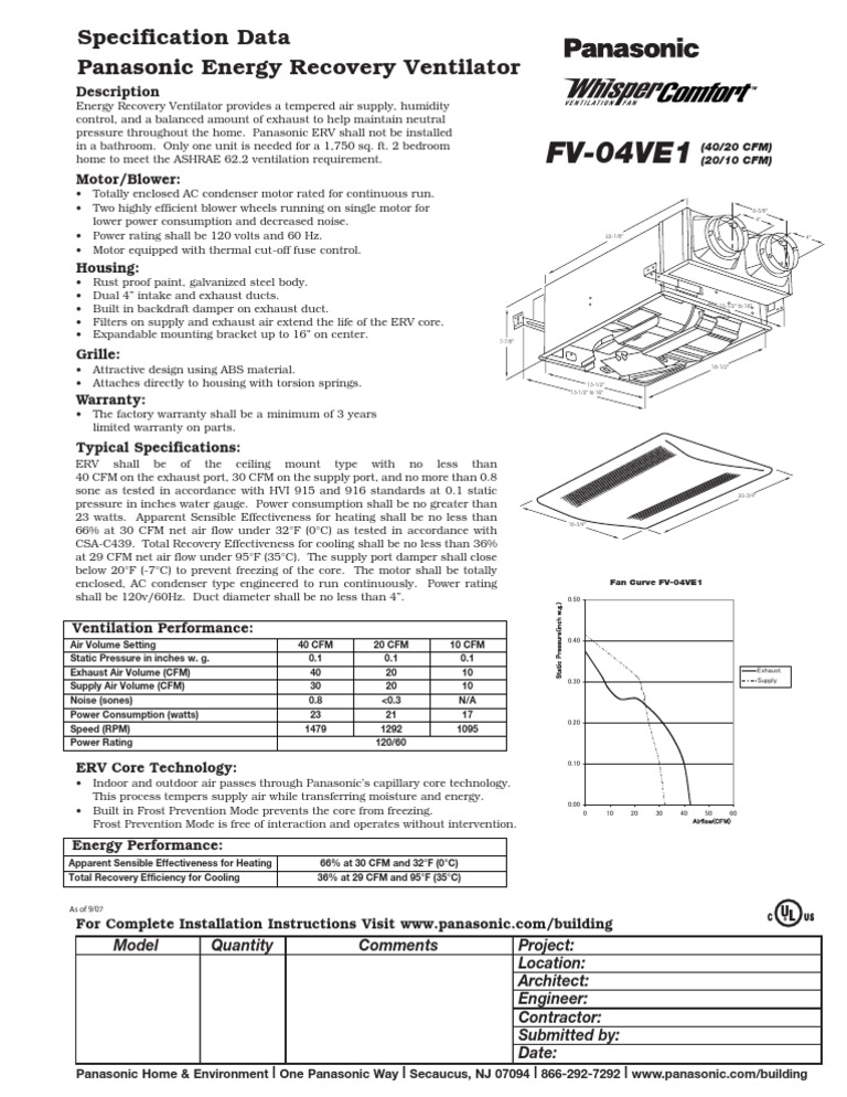 FV-04VE1: Specification Data Panasonic Energy Recovery Ventilator | PDF ...