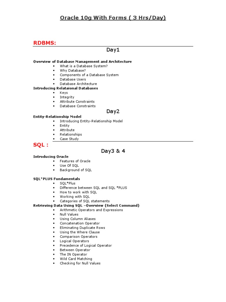 RDBMS:: Oracle 10g With Forms (3 Hrs/Day) | PDF | Pl/Sql | Sql