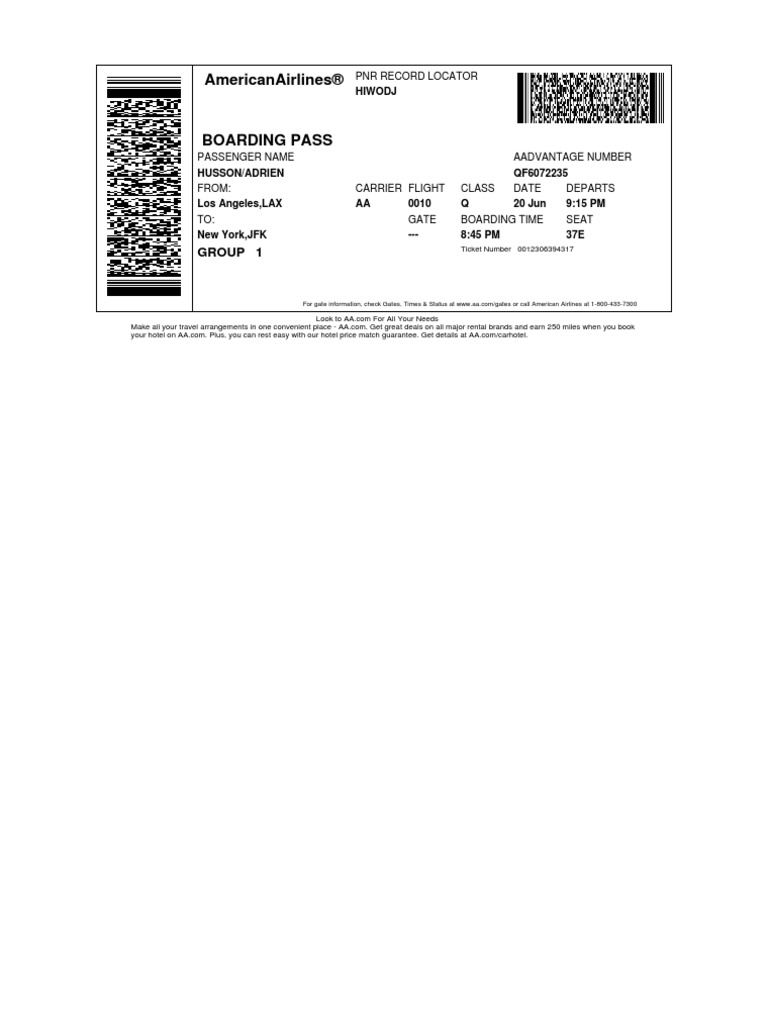 Americanairlines® PNR Record Locator Hiwodj Boarding Pass Passenger ...