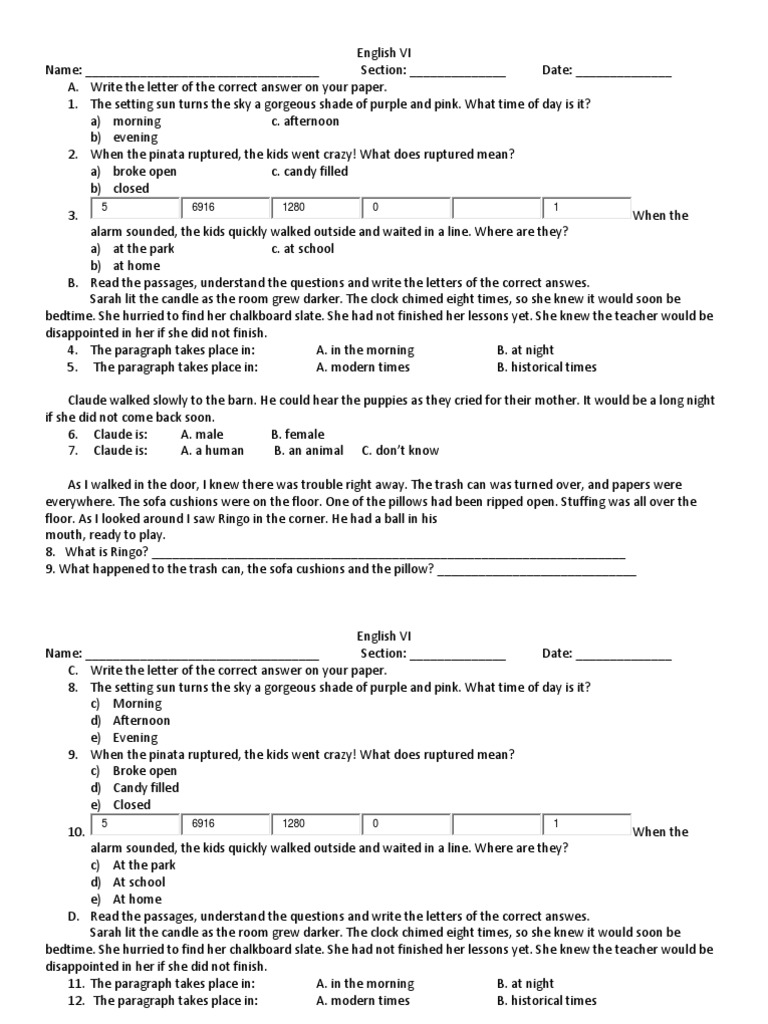 English VI Comprehension Quiz | PDF | Marsupials
